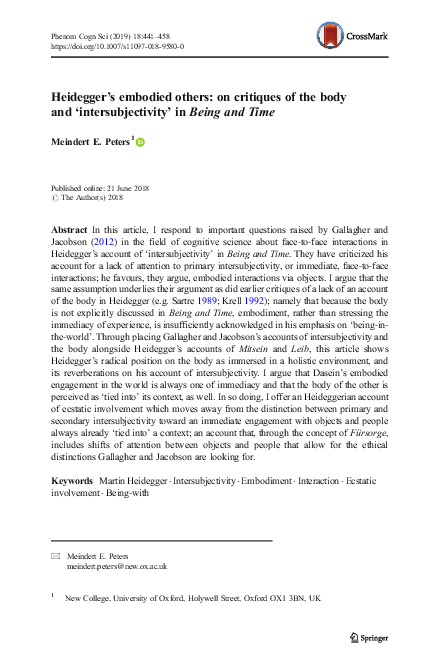 (PDF) Heidegger's embodied others: on critiques of the body and 'intersubjectivity' in Being and ...