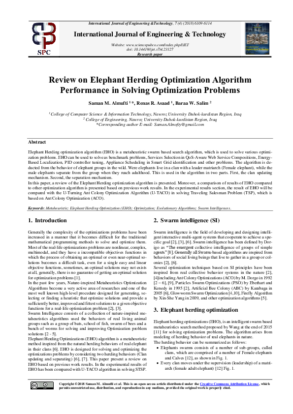 Pdf Review On Elephant Herding Optimization Algorithm Performance In Solving Optimization Problems