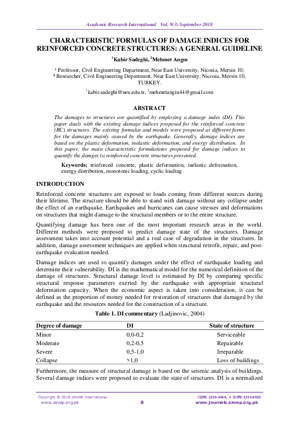 (PDF) CHARACTERISTIC FORMULAS OF DAMAGE INDICES FOR REINFORCED CONCRETE ...
