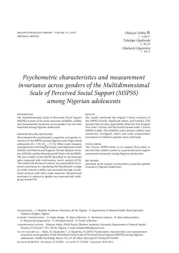 (PDF) The Multidimensional Scale of Perceived Social Support: A confirmation study | Augustine ...