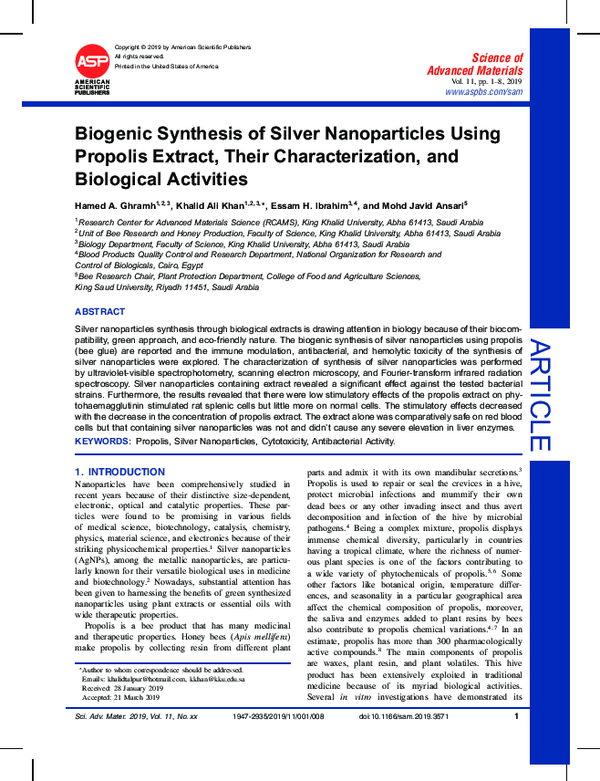 (PDF) Biogenic Synthesis of Silver Nanoparticles Using Propolis Extract, Their Characterization ...