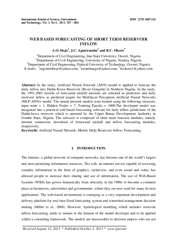 (PDF) WEB BASED FORECASTING OF SHORT TERM RESERVOIR INFLOW