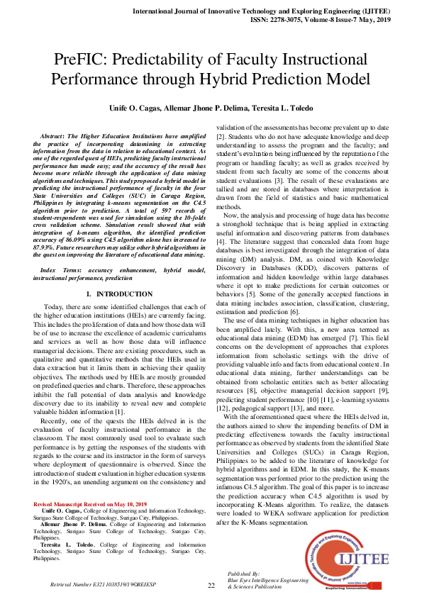 (PDF) PreFIC: Predictability of Faculty Instructional Performance through Hybrid Prediction Model