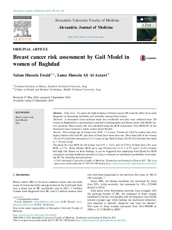 (PDF) Breast cancer risk assessment by Gail Model in women of Baghdad