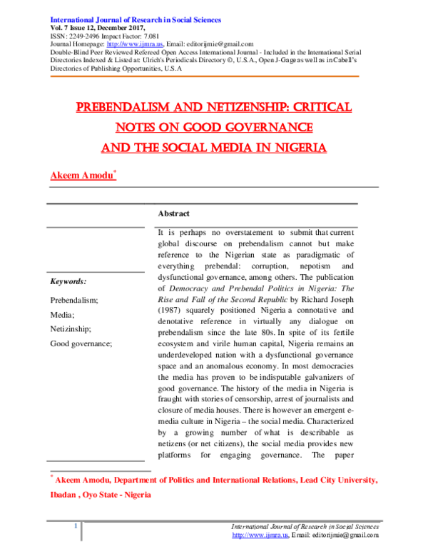 (PDF) PREBENDALISM AND NETIZENSHIP: CRITICAL NOTES ON GOOD GOVERNANCE ...