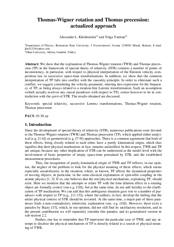 (PDF) Thomas-Wigner rotation and Thomas precession: Actualized approach