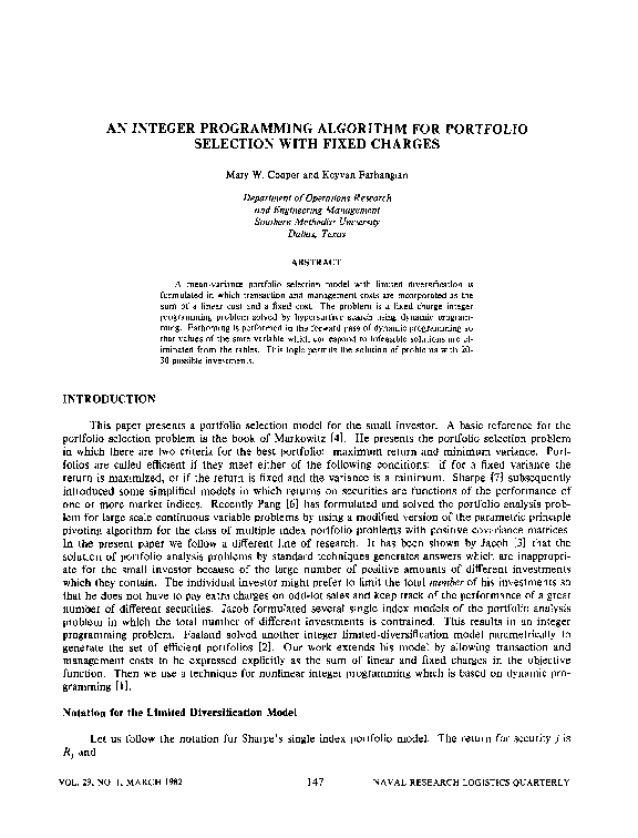 (PDF) An integer programming algorithm for portfolio selection with fixed charges | Mary Cooper ...