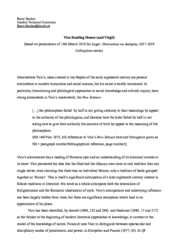 (PDF) Vico Reading Homer (and Virgil