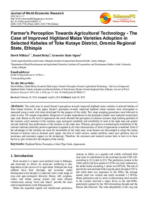 (PDF) Farmer's Perception Towards Agricultural Technology -The Case of Improved Highland Maize ...