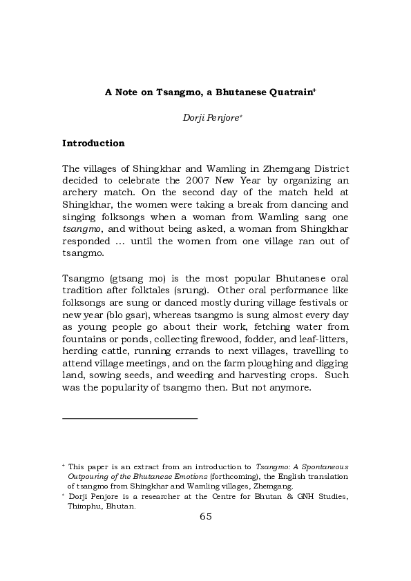 (PDF) A Note on Tsangmo, a Bhutanese Quatrain