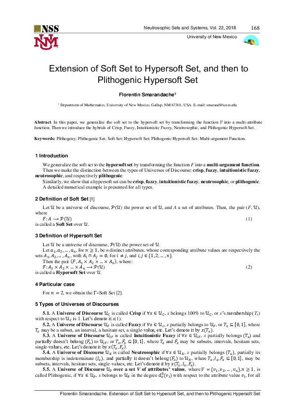 (PDF) New Types of Soft Sets: HyperSoft Set, IndetermSoft Set, IndetermHyperSoft Set, and ...