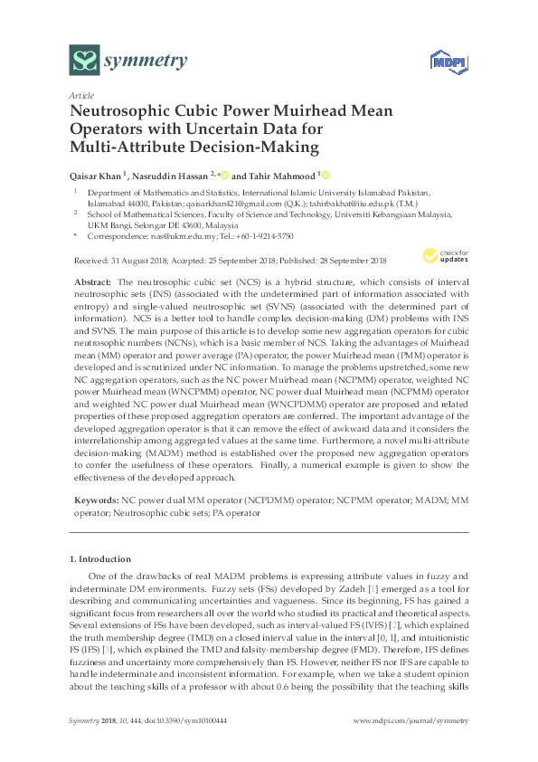 (PDF) Neutrosophic Cubic Power Muirhead Mean Operators with Uncertain Data for Multi-Attribute ...