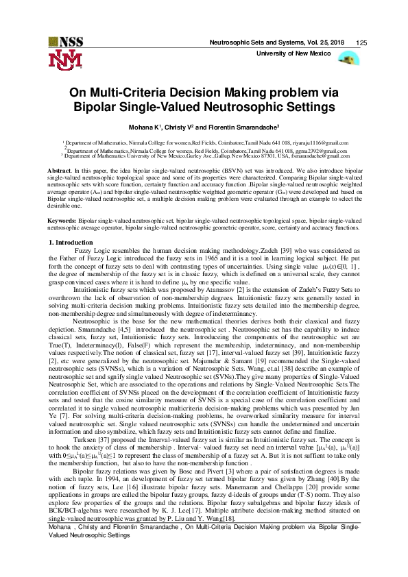 Pdf On Multi Criteria Decision Making Problem Via Bipolar Single
