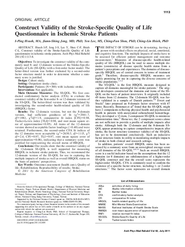 (PDF) Construct validity of the stroke-specific quality of life questionnaire in ischemic stroke ...