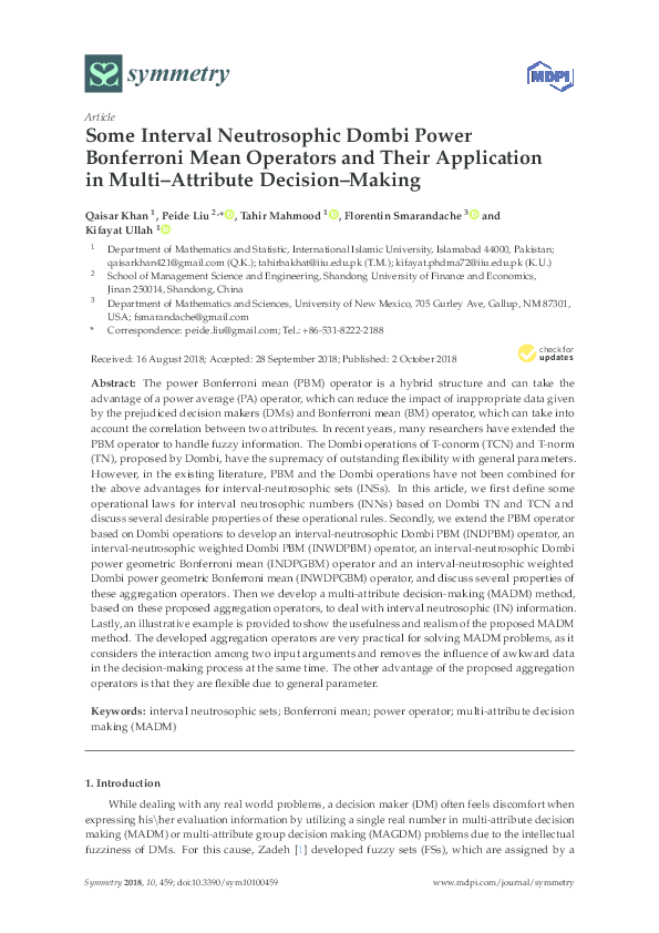 (PDF) Some Interval Neutrosophic Dombi Power Bonferroni Mean Operators and Their Application in ...