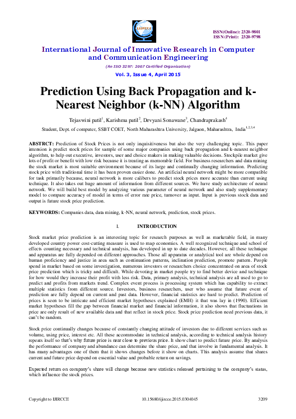 (PDF) Prediction Using Back Propagation and k- Nearest Neighbor (k-NN) Algorithm