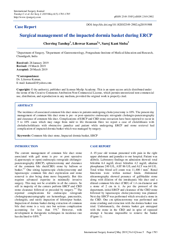 (PDF) Surgical management of the impacted dormia basket during ERCP