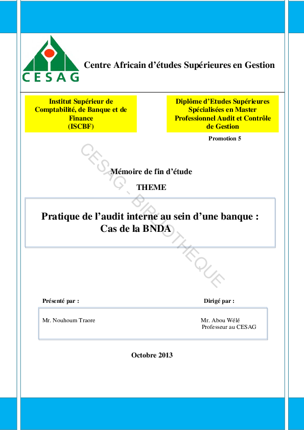 (PDF) Octobre 2013 Centre Africain d'études Supérieures en Gestion Pratique de l'audit interne ...