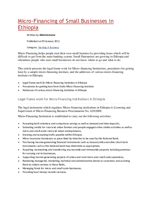 (DOC) Micro-Financing of Small Businesses in Ethiopia