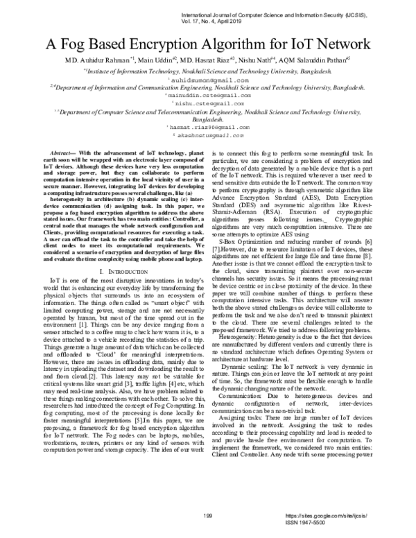 Pdf A Fog Based Encryption Algorithm For Iot Network