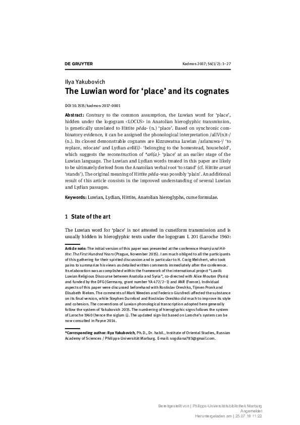 (PDF) The Luwian word for 'place' and its cognates