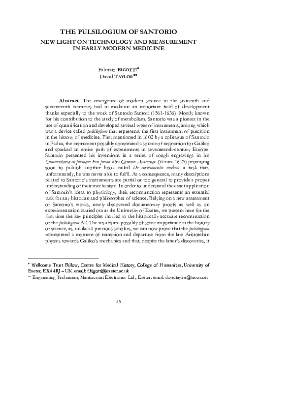 (PDF) The Pulsilogium of Santorio. New Light on Technology and ...