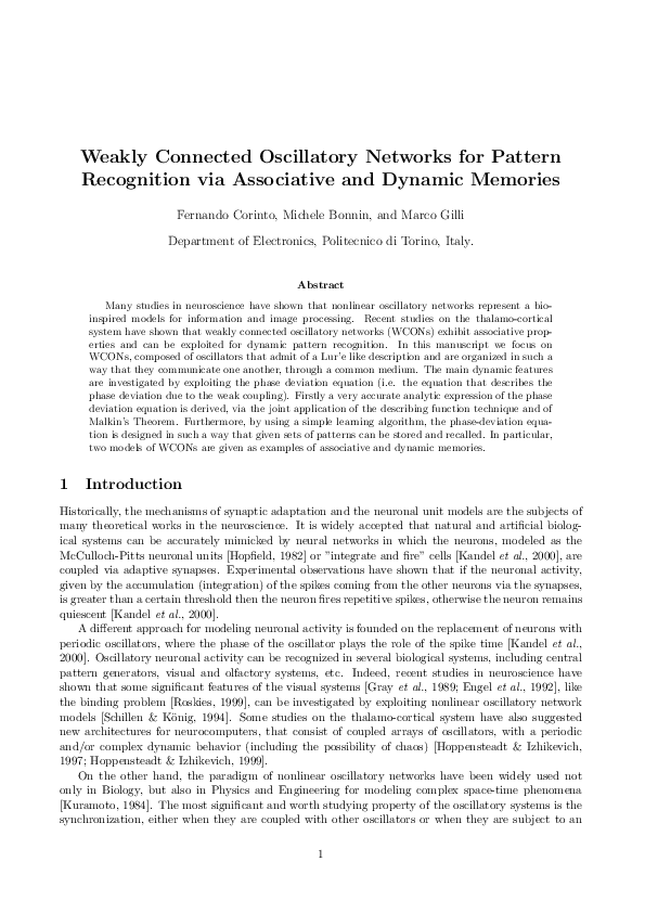(PDF) Weakly Connected Oscillatory Networks for Pattern Recognition via Associative and Dynamic ...