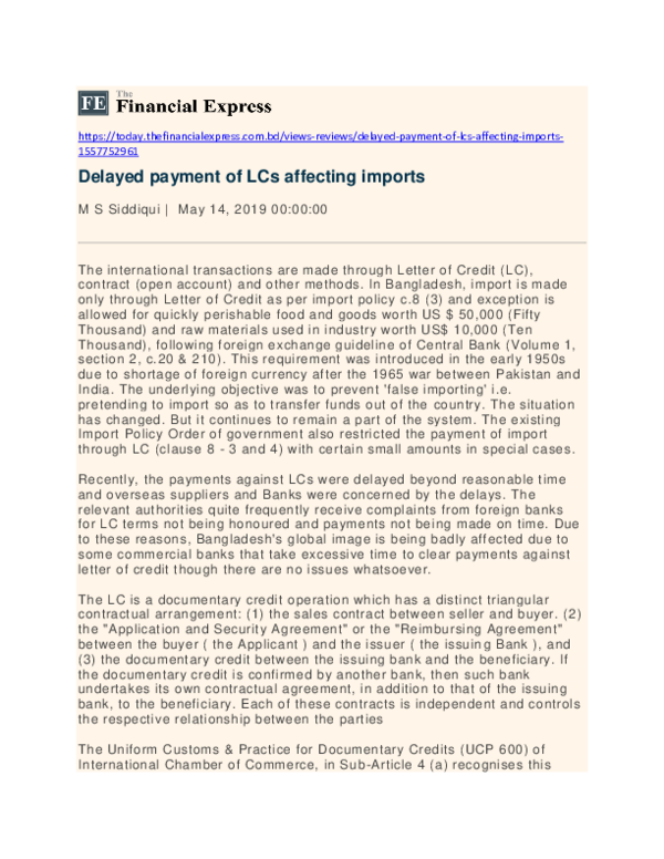 (DOC) Delayed payment of LCs affecting imports