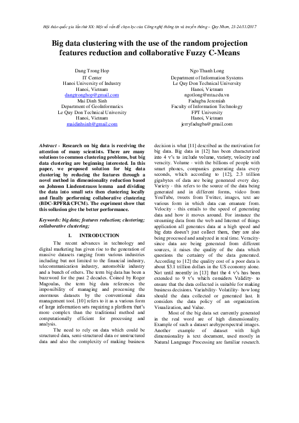 (PDF) Big data clustering with the use of the random projection features reduction and ...
