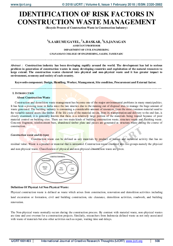 (PDF) IDENTIFICATION OF RISK FACTORS IN CONSTRUCTION WASTE MANAGEMENT ...