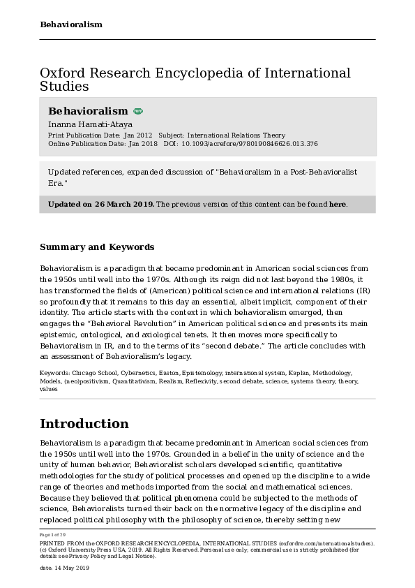 (PDF) Behavioralism [in Oxford Research Encyclopedia of International ...