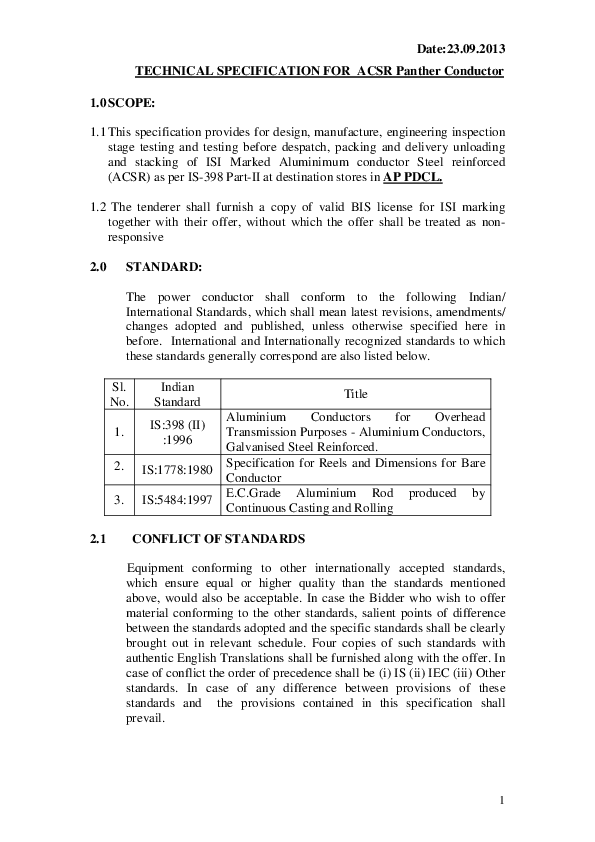 (PDF) TECHNICAL SPECIFICATION FOR ACSR Panther Conductor 1.0 SCOPE ...
