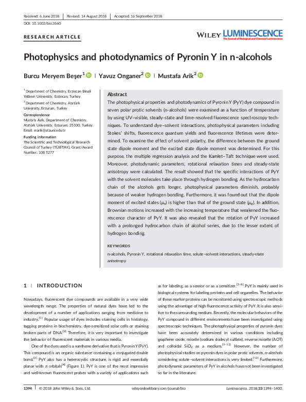 (PDF) Photophysics and photodynamics of Pyronin Y in n-alcohols