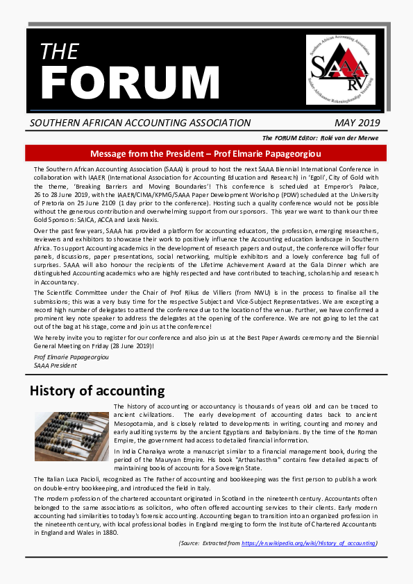 (PDF) The Forum: Southern African Accounting Association, May 2019