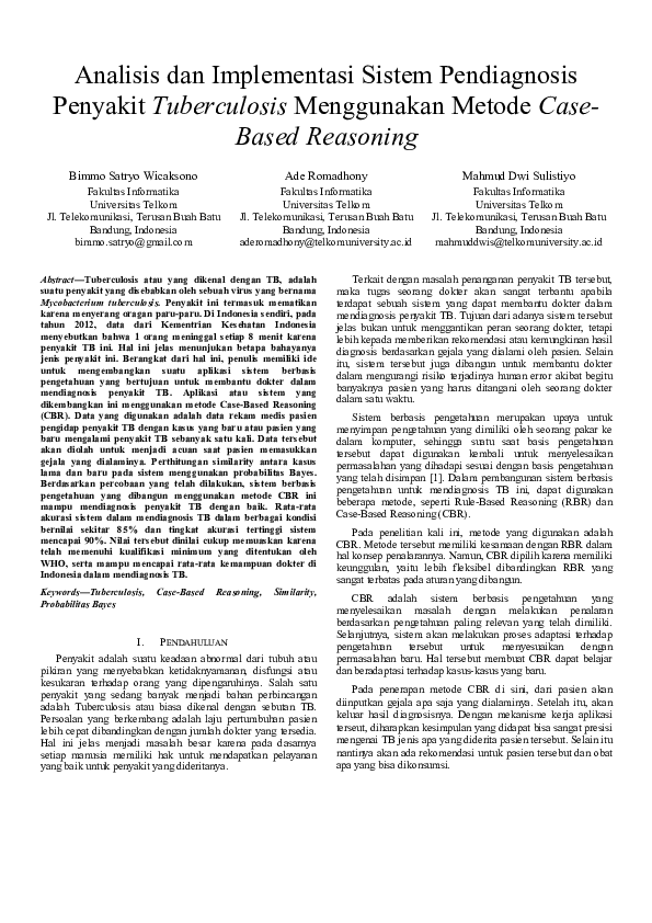 (PDF) Analisis dan Implementasi Sistem Pendiagnosis Penyakit Tuberculosis Menggunakan Metode ...