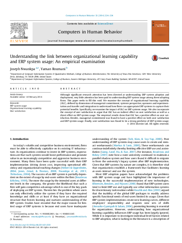 (PDF) Understanding the link between organizational learning capability and ERP system usage: An ...