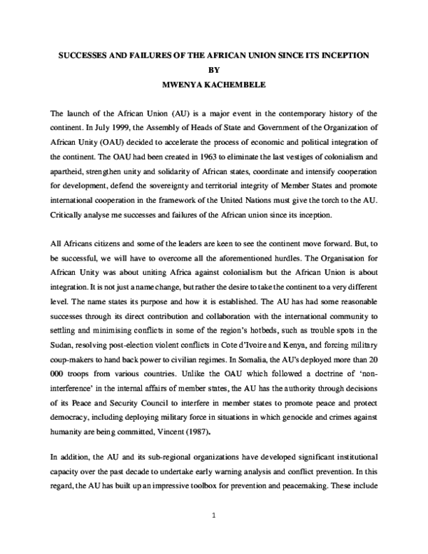 (PDF) SUCCESSES AND FAILURES OF THE AFRICAN UNION SINCE ITS INCEPTION