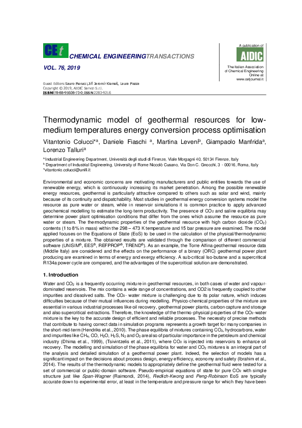 (DOC) Thermodynamic model of geothermal resources for low- medium temperatures energy conversion ...