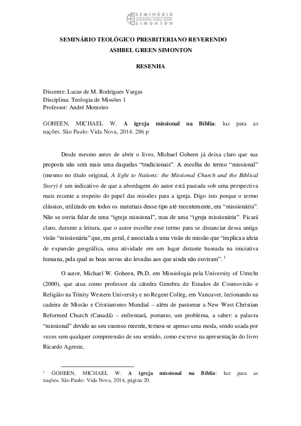 (PDF) A Igreja Missional na Bíblia - Michael Goheen (Resenha)