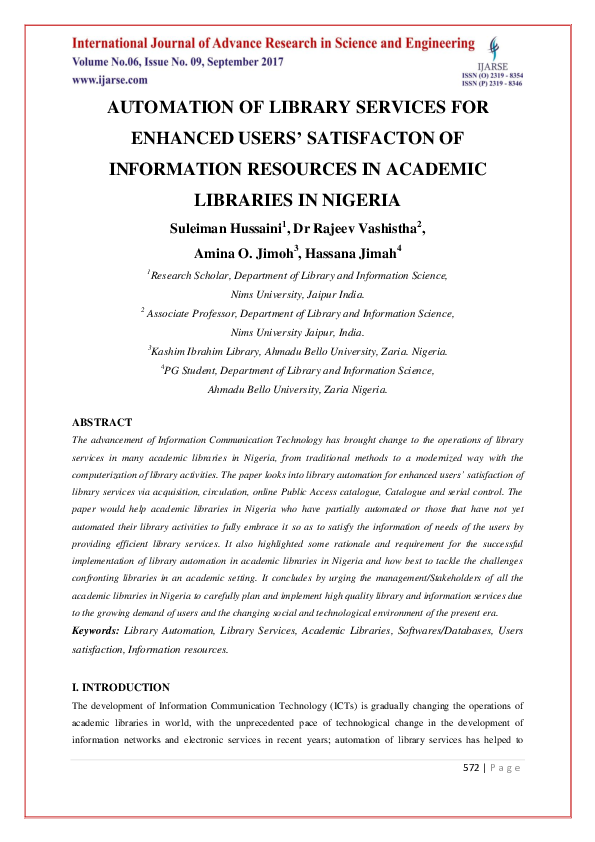 (PDF) AUTOMATION OF LIBRARY SERVICES FOR ENHANCED USERS' SATISFACTON OF ...