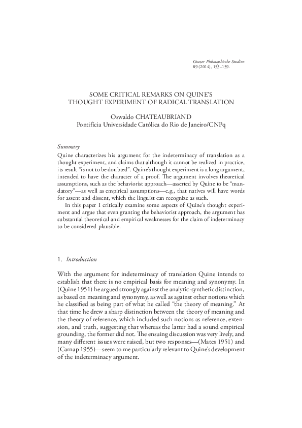 (PDF) Some Critical Remarks on Quine's Thought Experiment of Radical ...