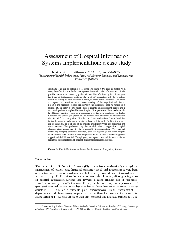 (DOC) Assessment of hospital information systems implementation: a case ...