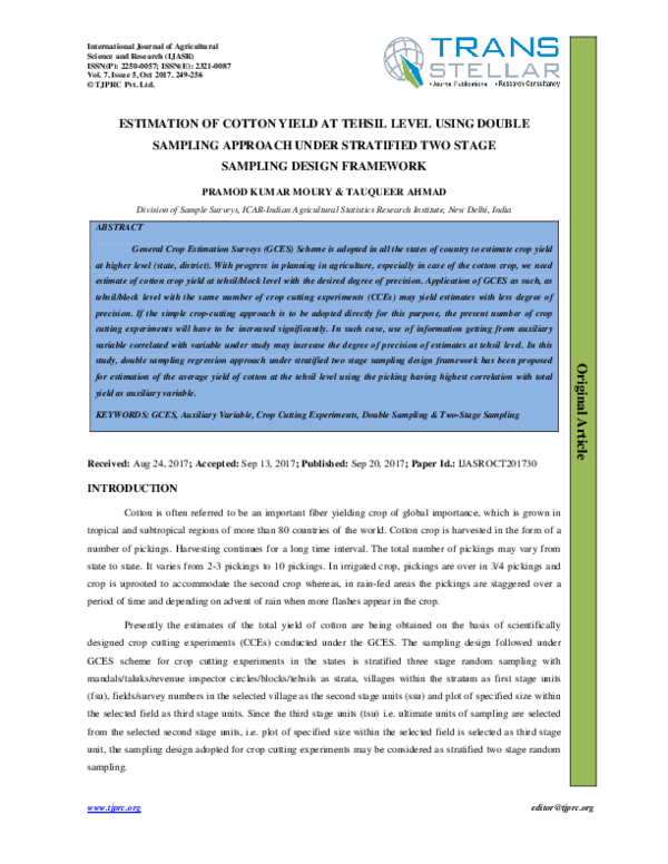 Pdf Estimation Of Cotton Yield At Tehsil Level Using Double Sampling Approach Under Stratified
