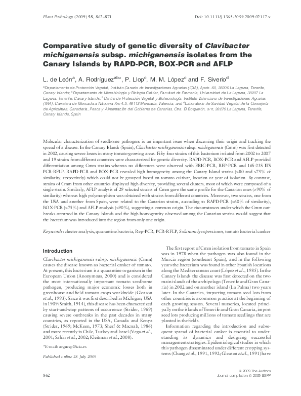 (PDF) Comparative study of genetic diversity of Clavibacter michiganensis subsp. michiganensis ...