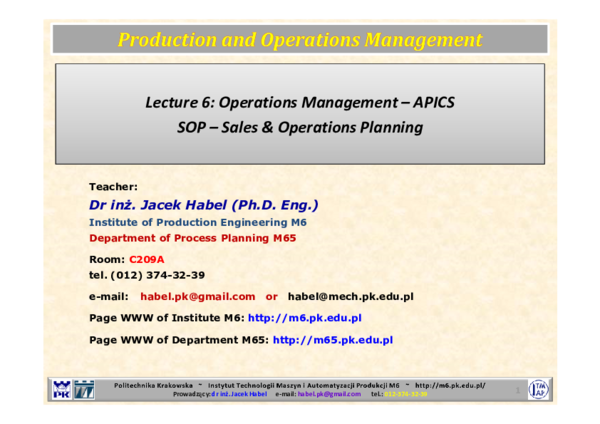 (PDF) Lecture 6: Operations Management -APICS SOP -Sales & Operations ...