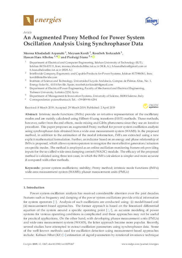 (PDF) An Augmented Prony Method for Power System Oscillation Analysis Using Synchrophasor Data ...