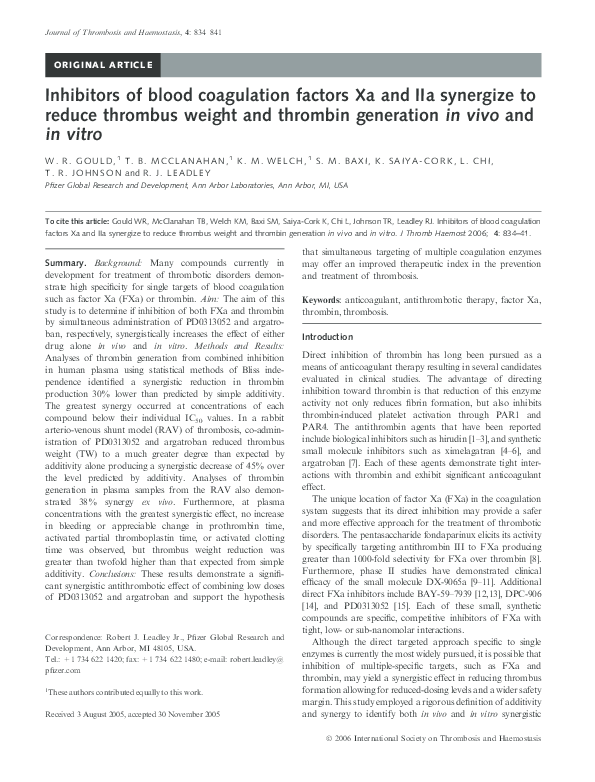 (PDF) Inhibitors of blood coagulation factors Xa and IIa synergize to ...