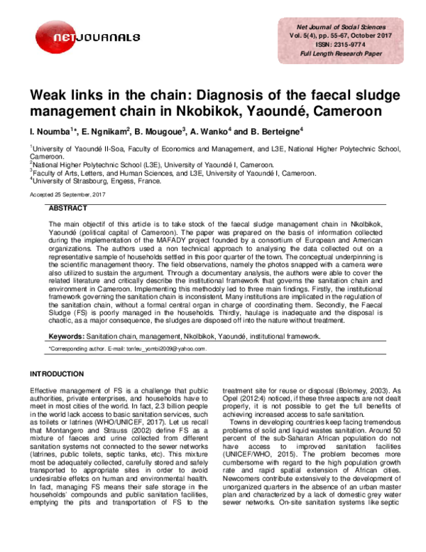 (PDF) WWeak links in the chain: Diagnosis of the faecal sludge ...