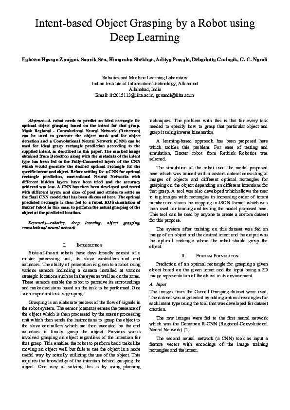 (PDF) Intent based Object Grasping by a Robot using Deep Learning