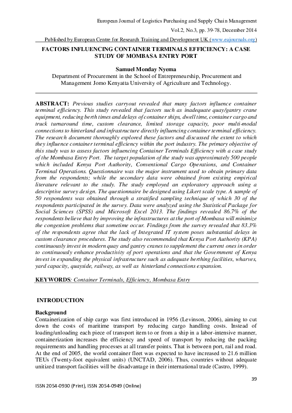 (PDF) FACTORS INFLUENCING CONTAINER TERMINALS EFFICIENCY: A CASE STUDY OF MOMBASA ENTRY PORT